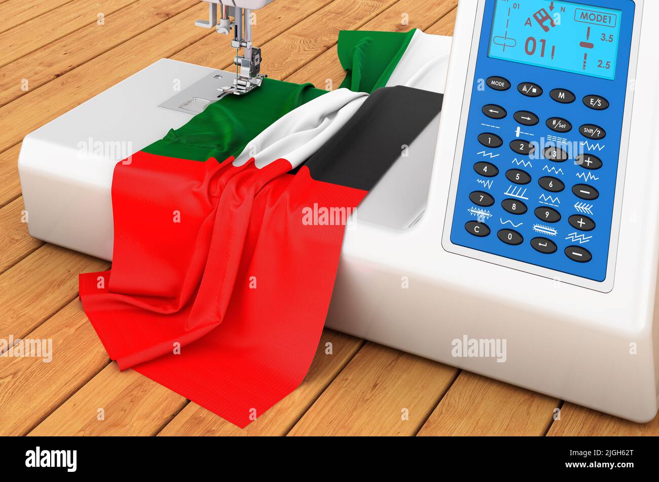 Modern sewing machine with the United Arab Emirates flag on the wooden ...