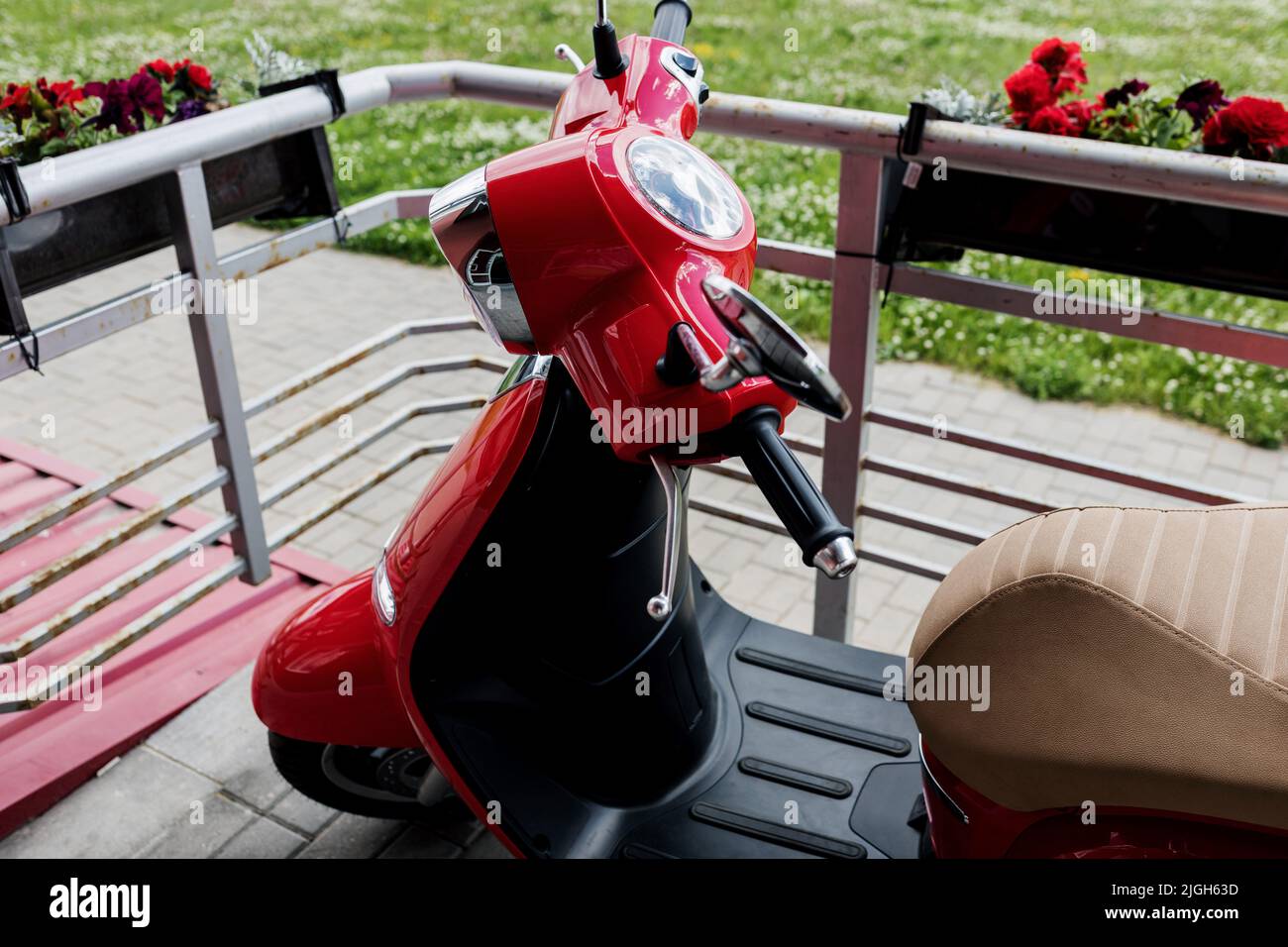 red scooter in street. vintage moped Stock Photo - Alamy