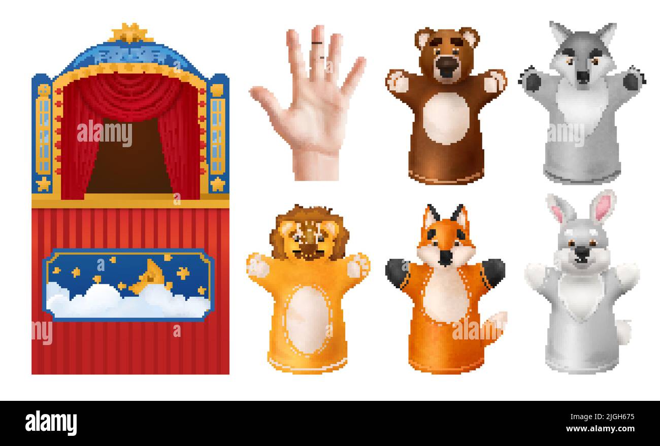 Realistic children puppet theater set with funny animal hand toys and ...