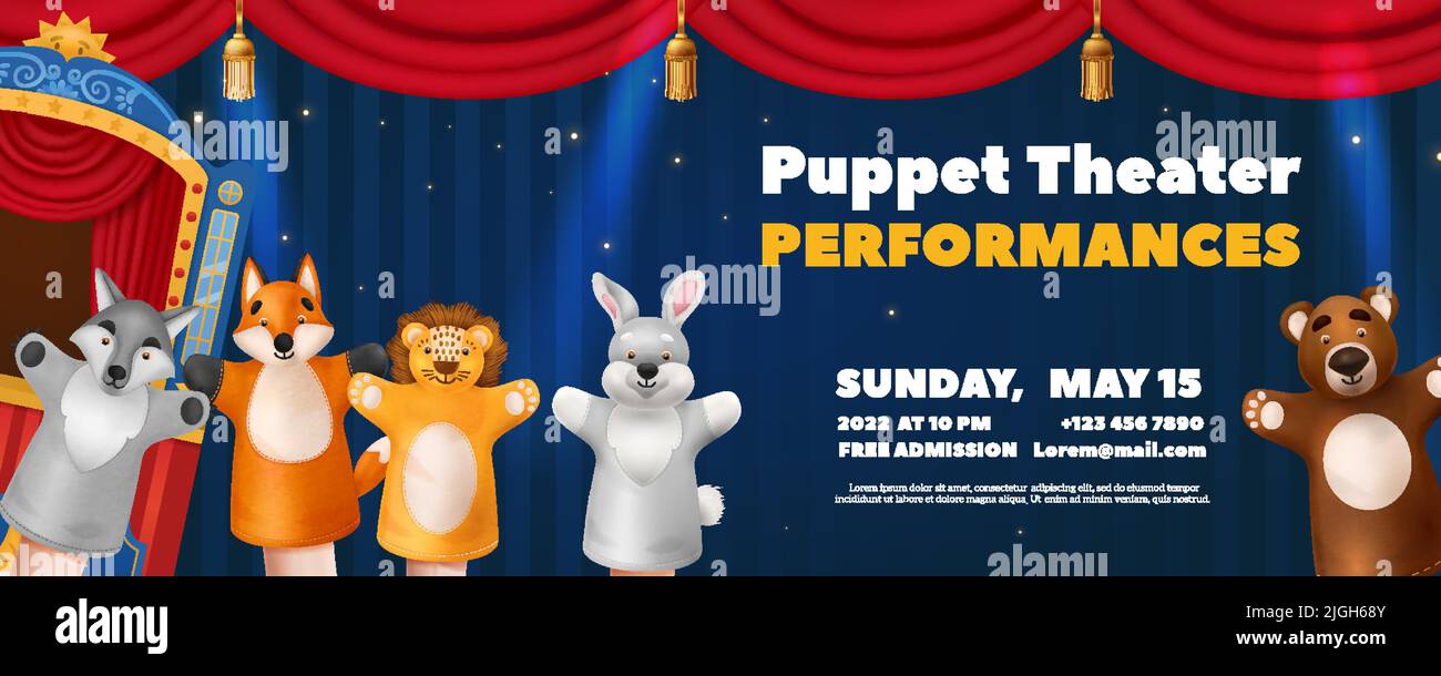 Children puppet theater performance horizontal ads poster with animal ...
