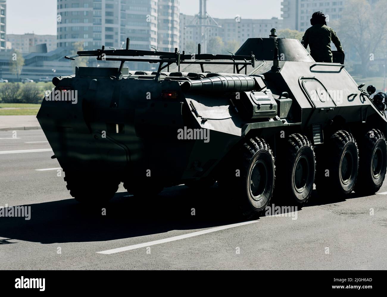 military armored personnel carrier on asphalt. military equipment. btr ...
