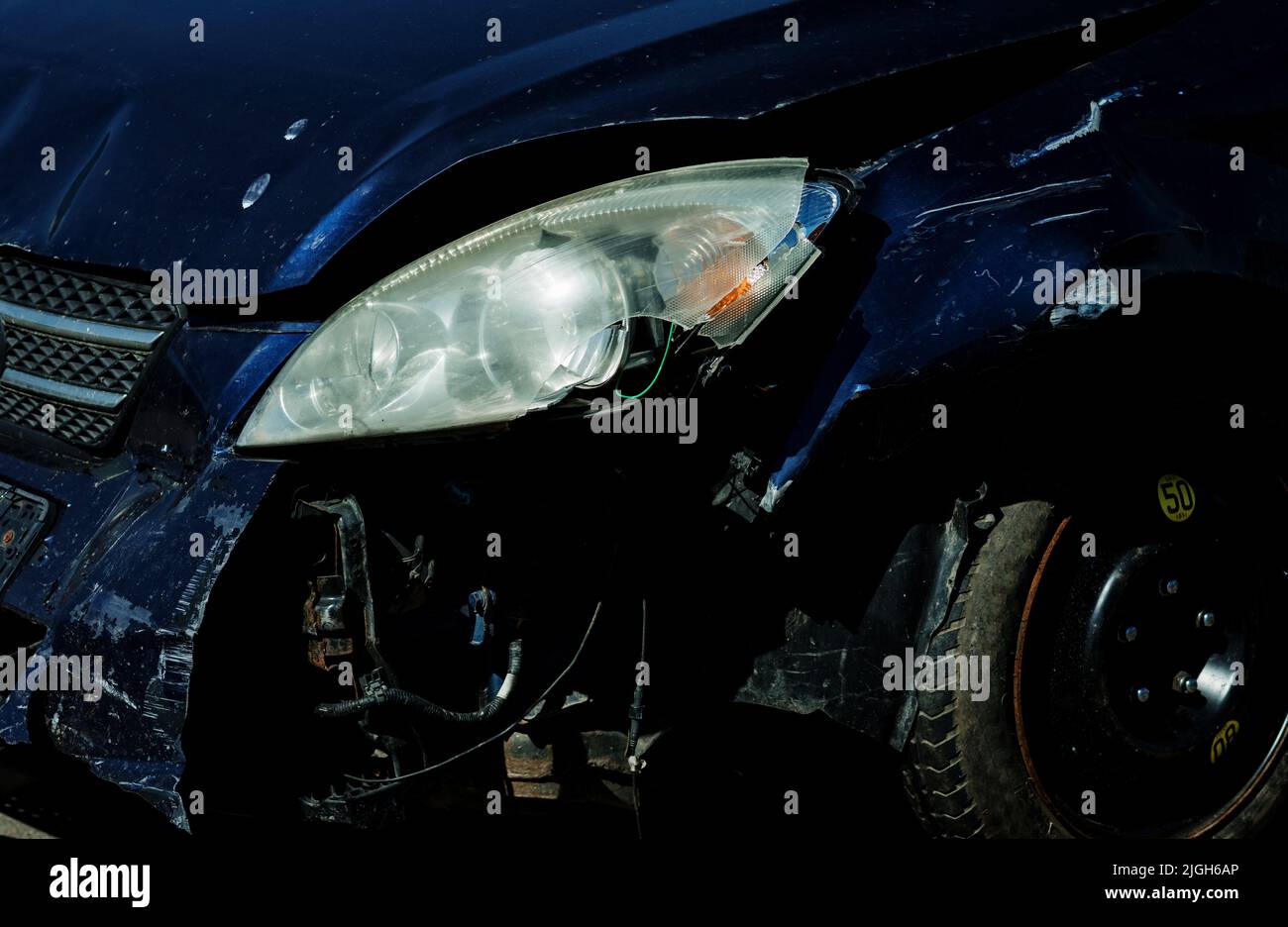 Broken car headlight, blue automobile. smashed headlights Stock Photo ...