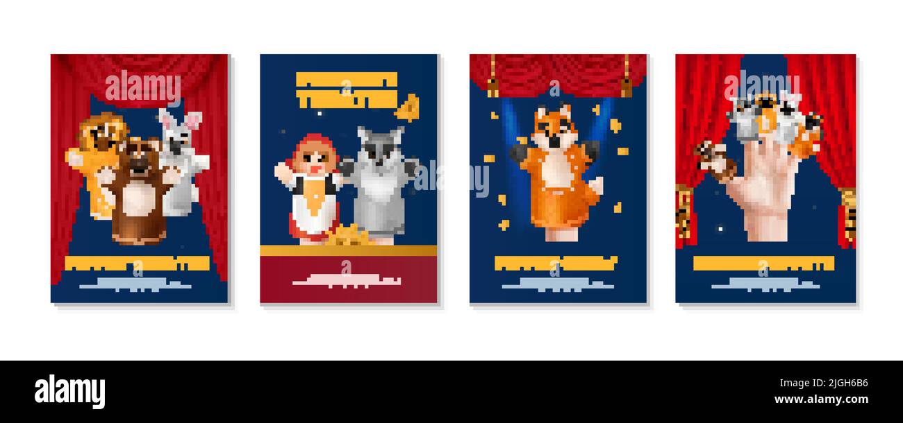 Realistic puppet theater performance poster set with cute finger and ...