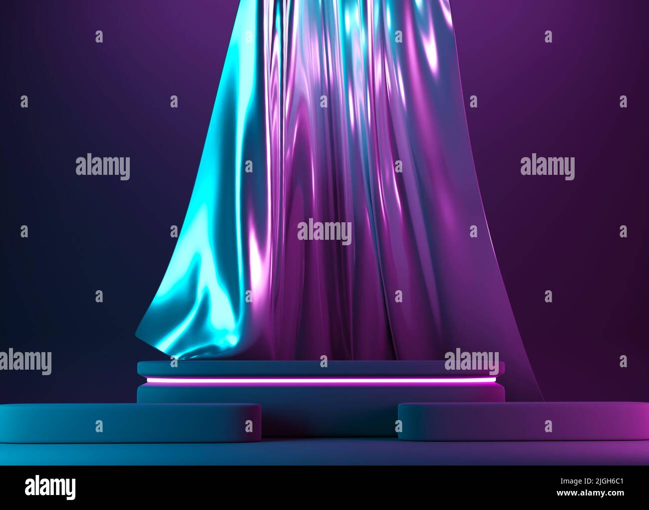 Neon podium with pink, blue neon color falling fabric, cloth background ...