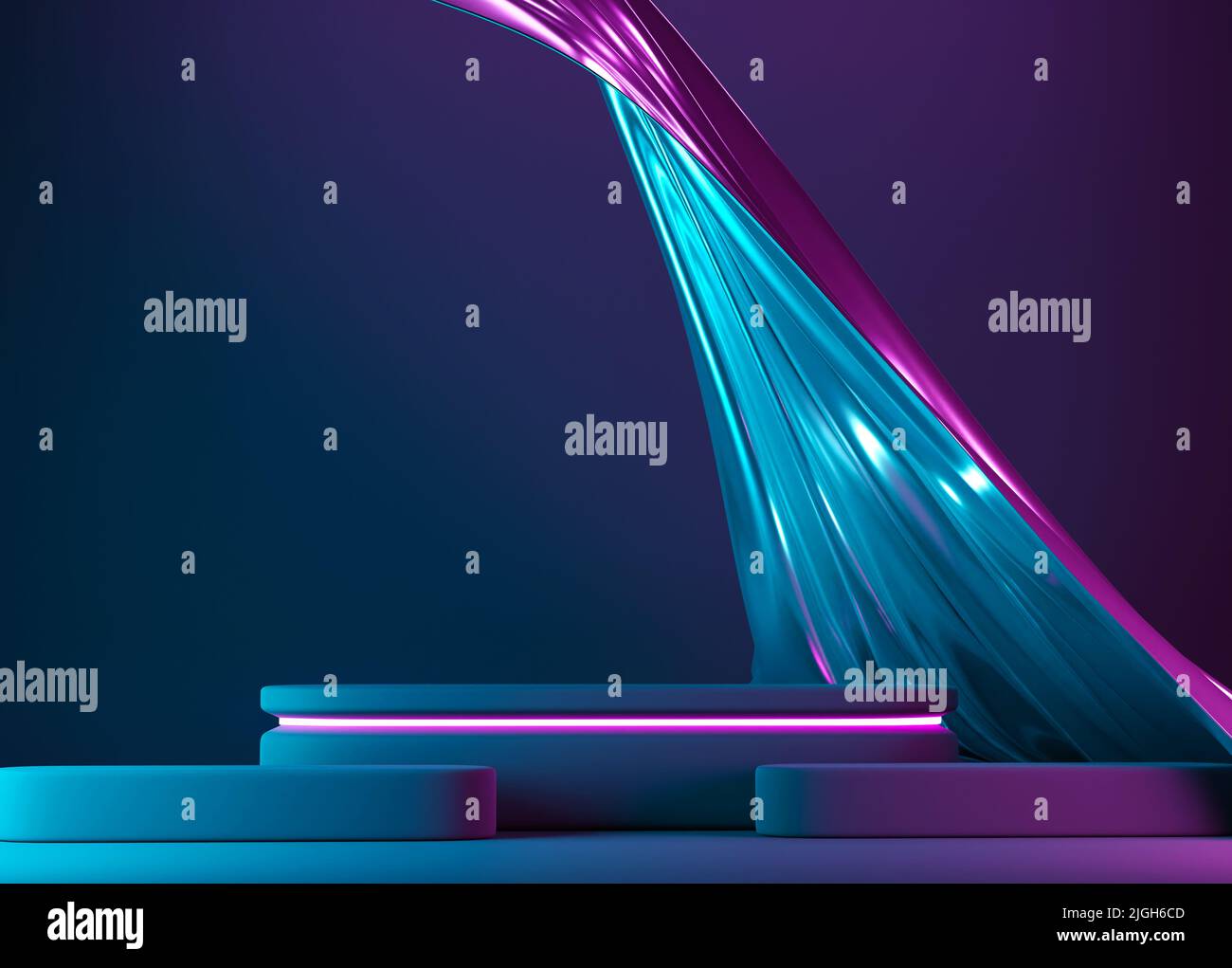 Neon podium with pink, blue neon color falling fabric, cloth background ...