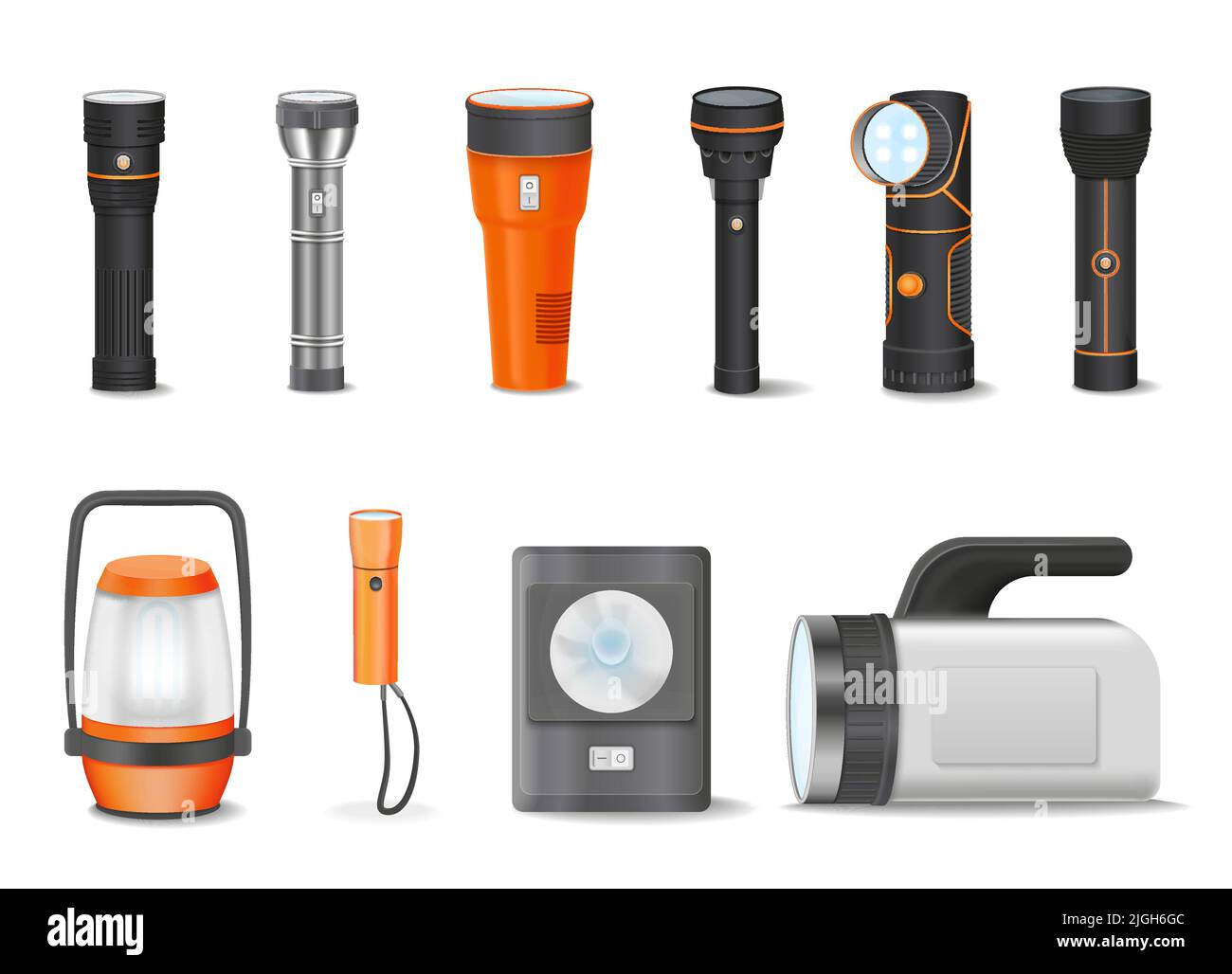 Flashlight realistic set with isolated icons of handy flashlights lamps ...