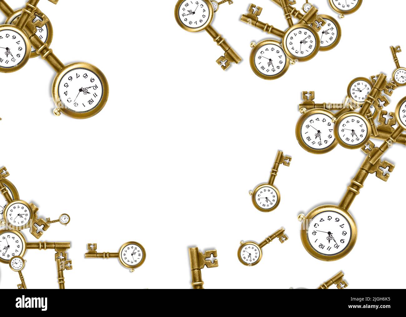 Large group of skeleton key shaped antique watches on white background ...