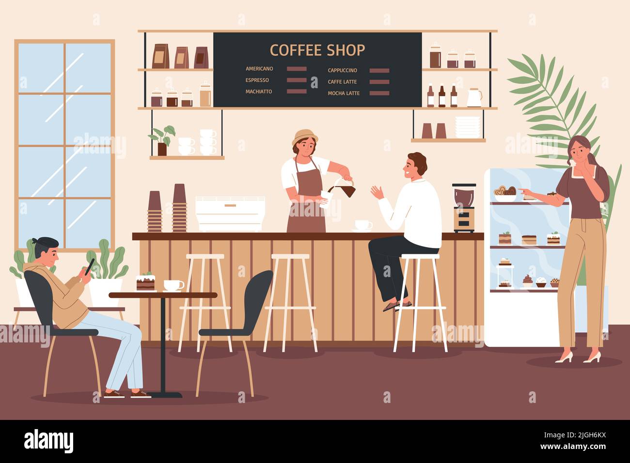 Coffee shop interior with customers sitting at table choosing desserts ...