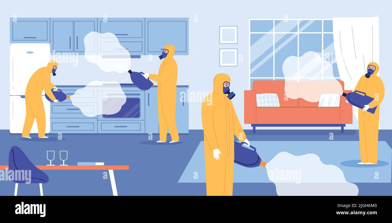 Pest control background with people in chemical protective suits making ...