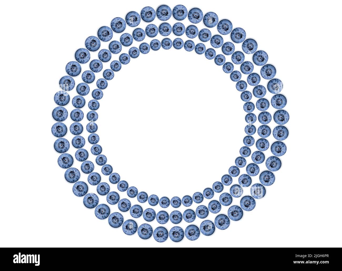 Fresh blueberries arranged into a circle frame isolated on white. Berry ...