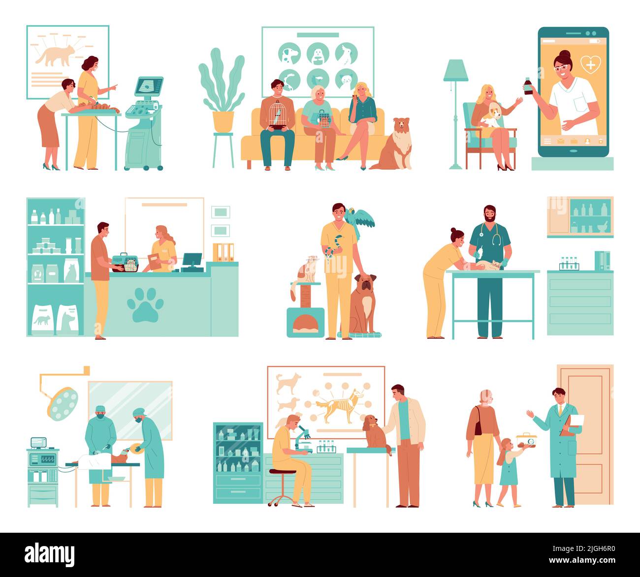 Veterinary flat icons set of people coming to clinic with sick animals ...