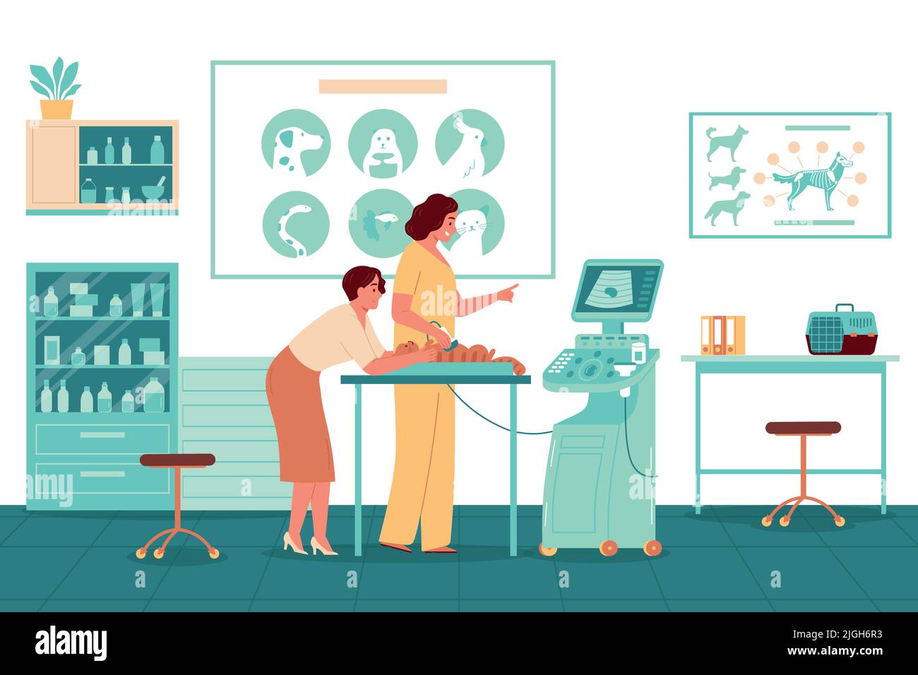 Veterinary centre vector illustration with specialist studying picture ...