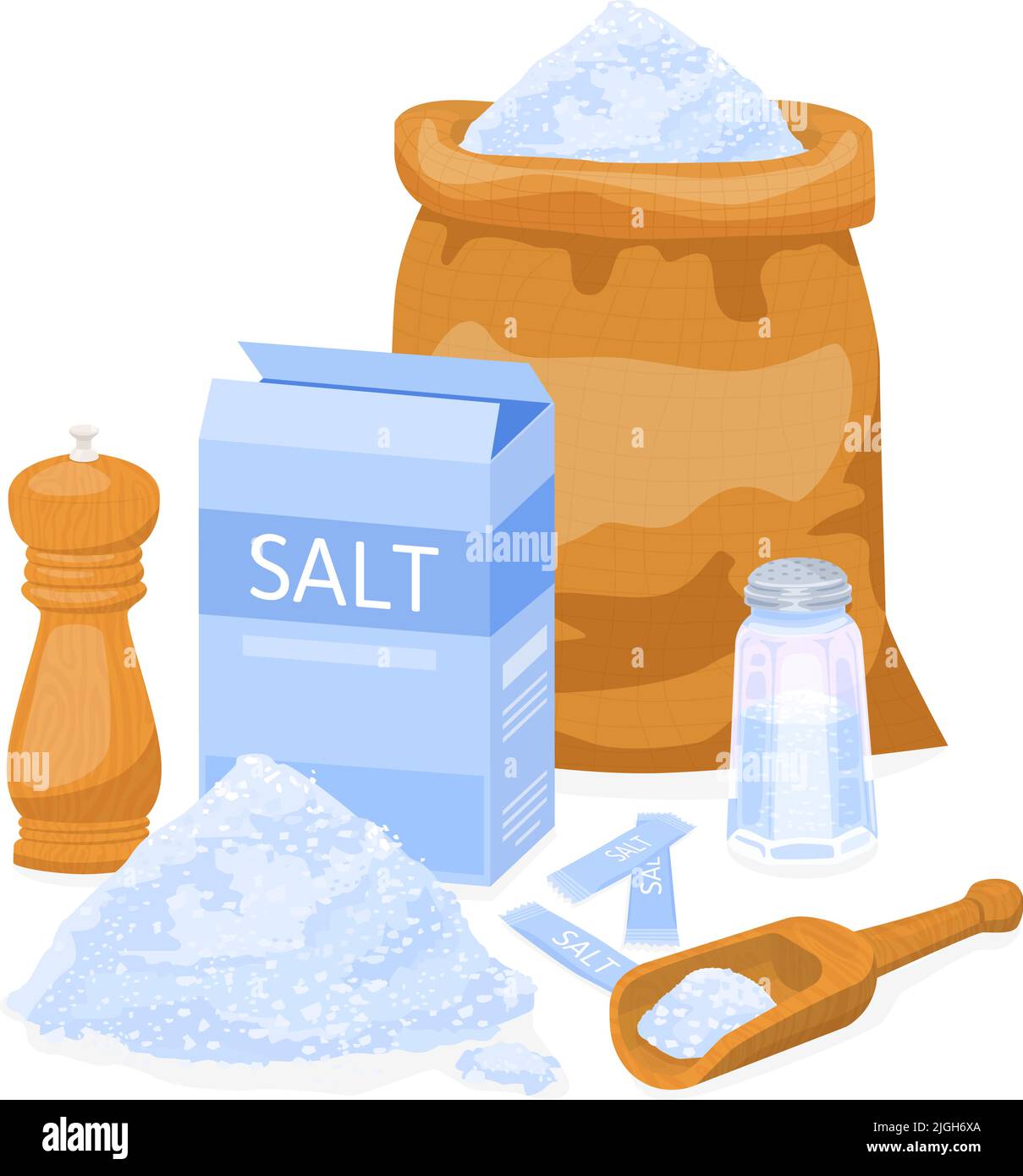 Sea salt flat composition with view of sack and paper packs of salt on ...