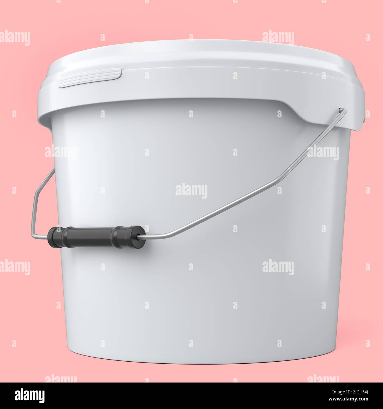 Closed plastic can or buckets of paint with handle on pink background ...