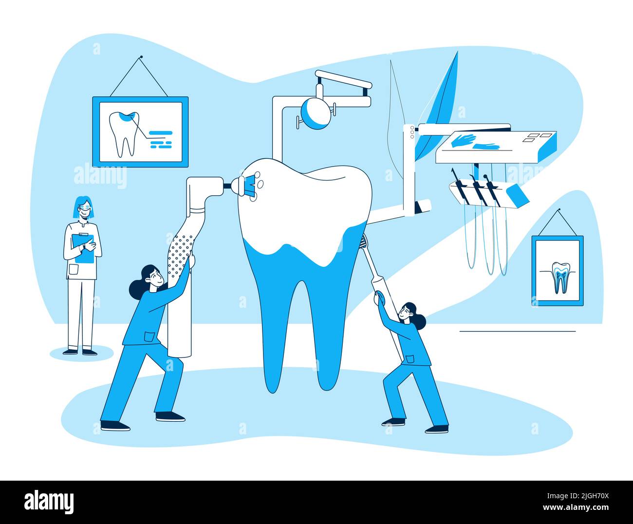 Dentistry flat composition with view of doctors office and small human ...