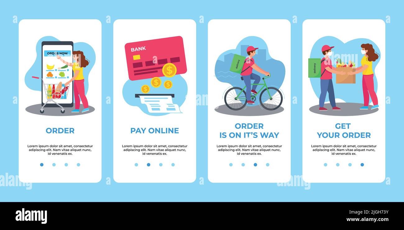 Set with four delivery courier service flat cards vertical banners with ...