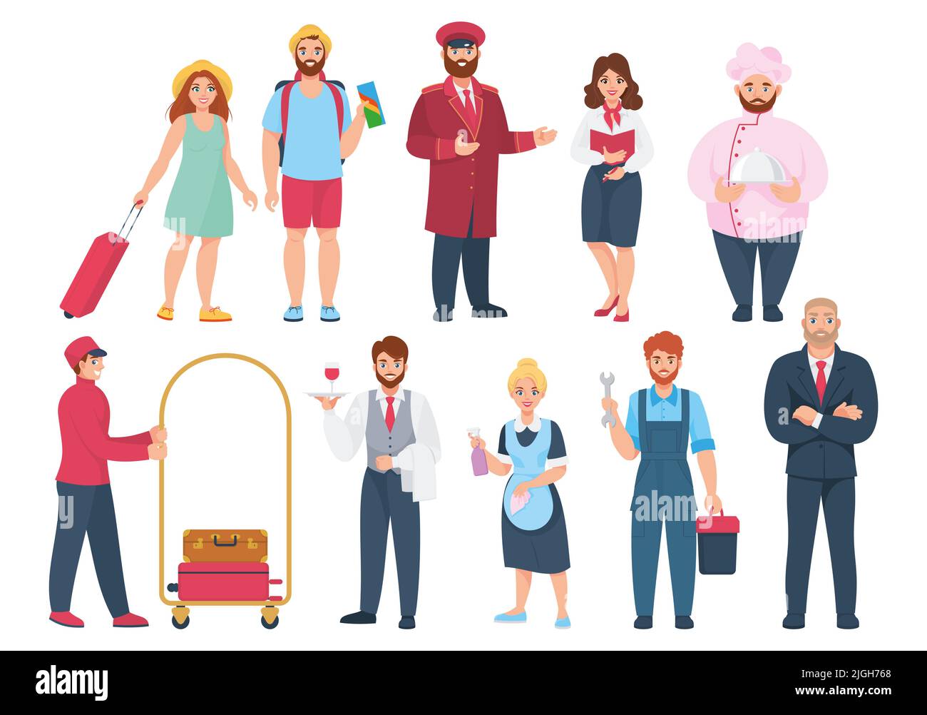 Hotel staff flat set with isolated cute human characters of workers and ...