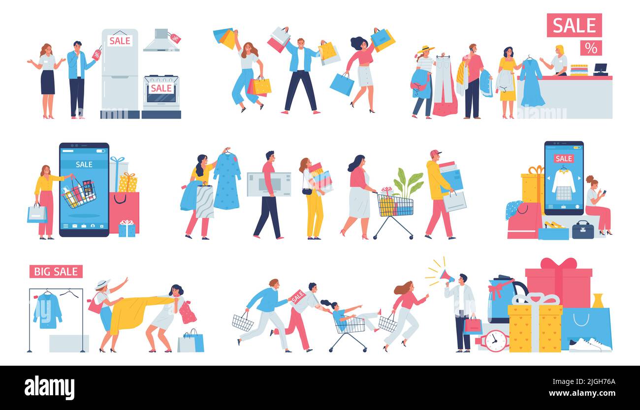 Big sale set of isolated icons with doodle characters of shopping ...
