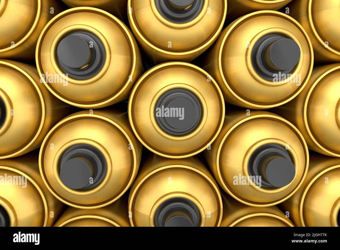 Set of gold spray paint cans in row on white background. 3d render ...
