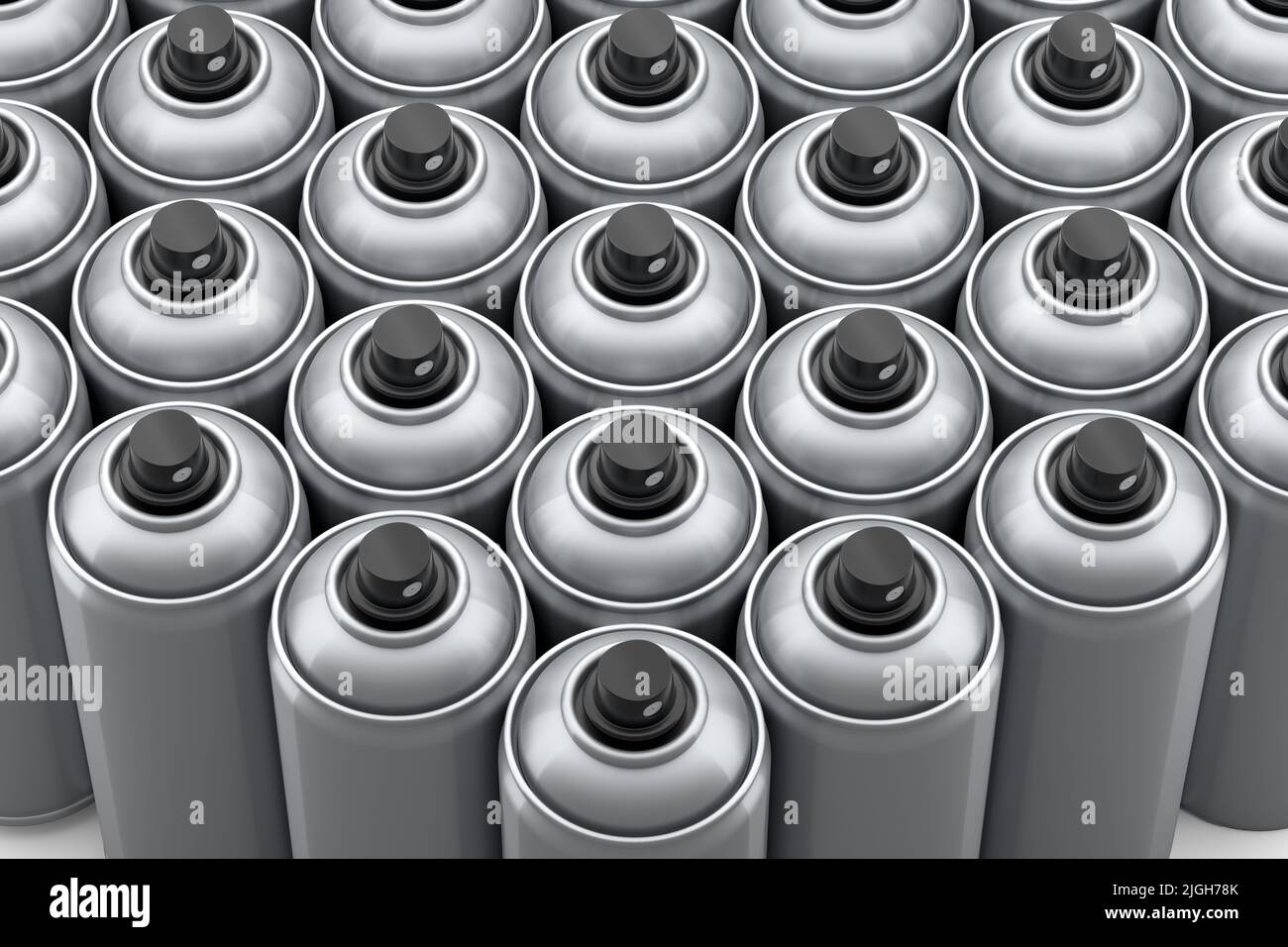 Set of silver spray paint cans in row on white background. 3d render ...
