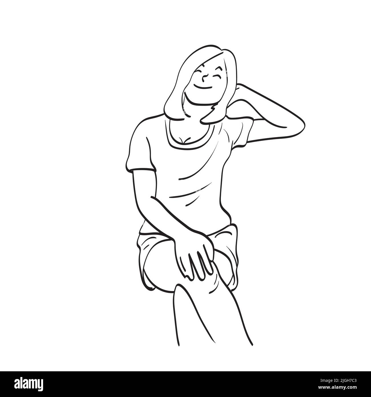 line art smiling woman sitting with relax illustration vector hand ...