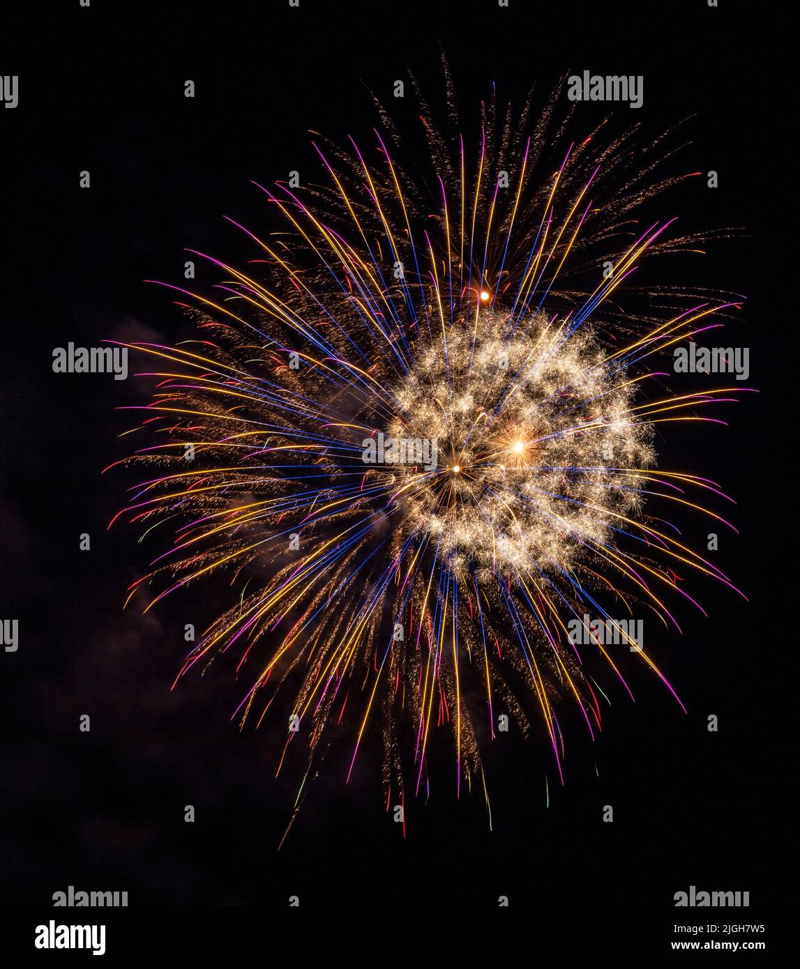 A vertical shot of exploding colorful fireworks in a dark night sky ...