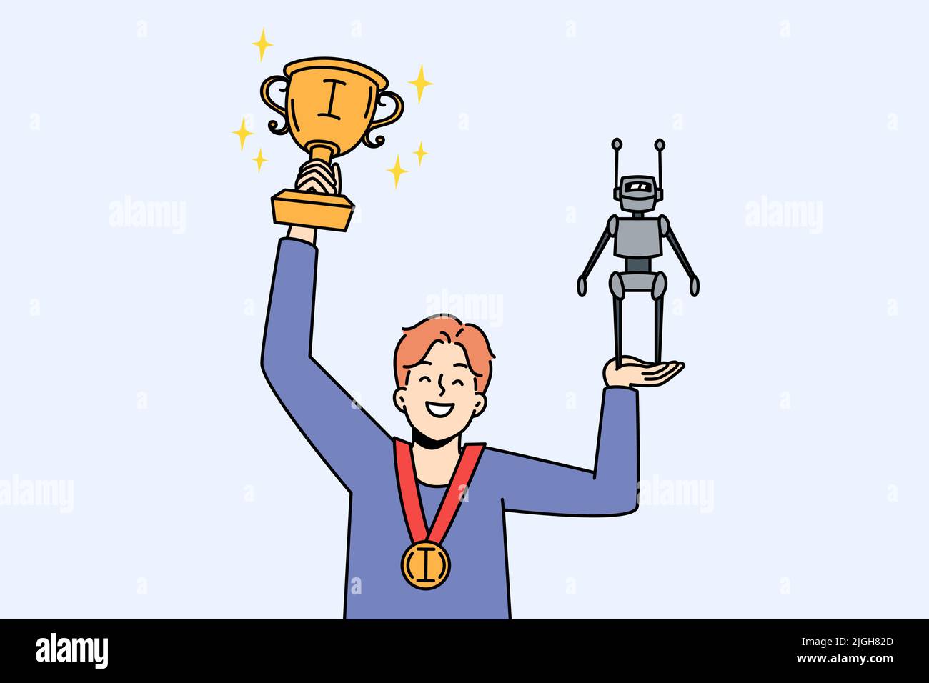 Happy boy child holding robot in hands win prize for best scientific ...