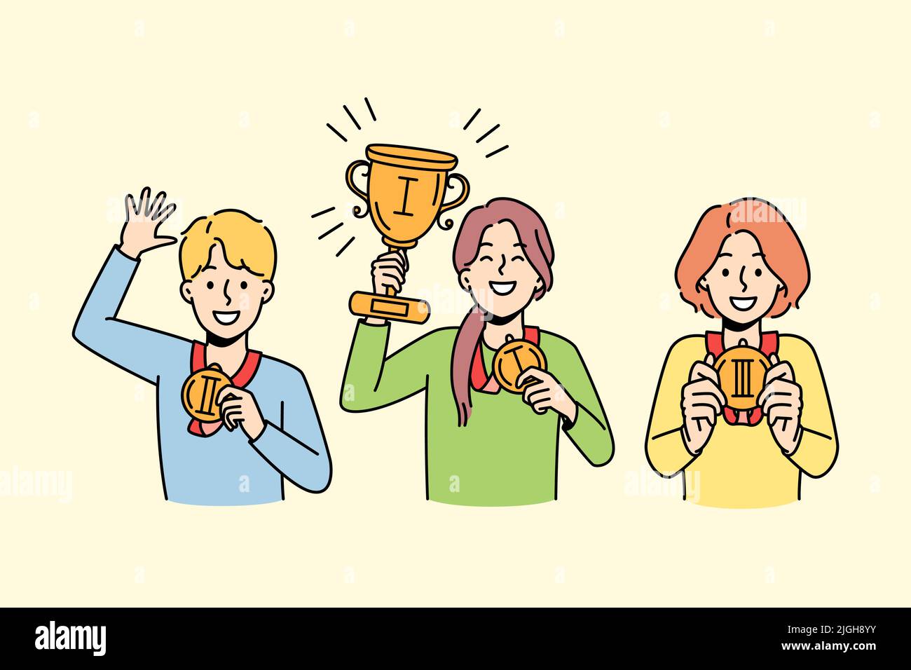 Happy children with medals on school competition on contest. Smiling ...