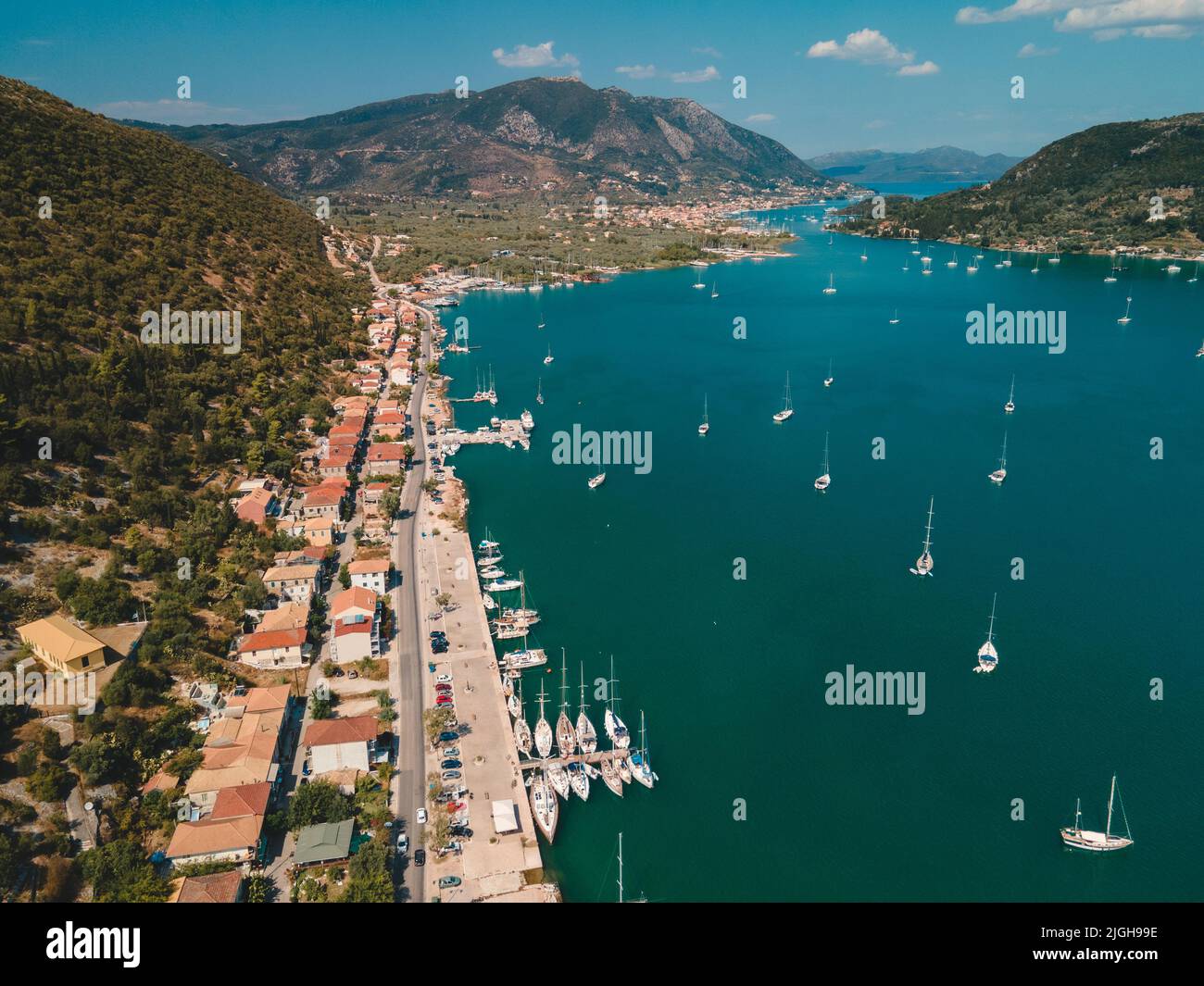 overhead view of harbor with yachts and boats at Lefkada island Greece ...