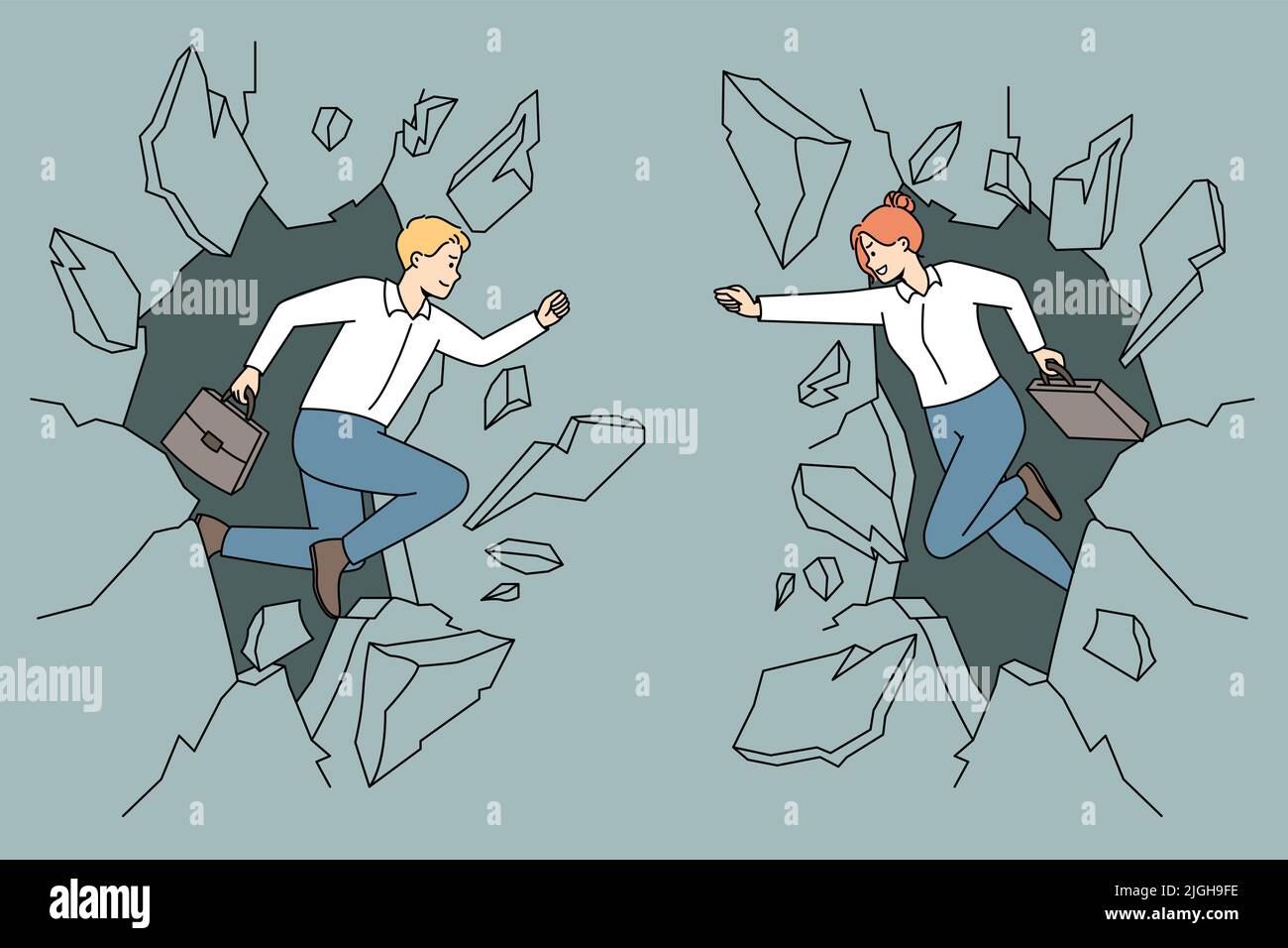 Businesspeople break wall strive for business success or career ...