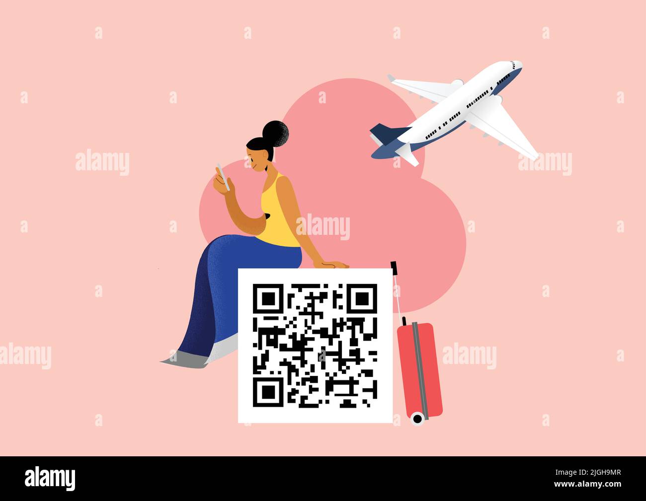 Woman traveler with suitcase looking a smartphone screen with qr code ...