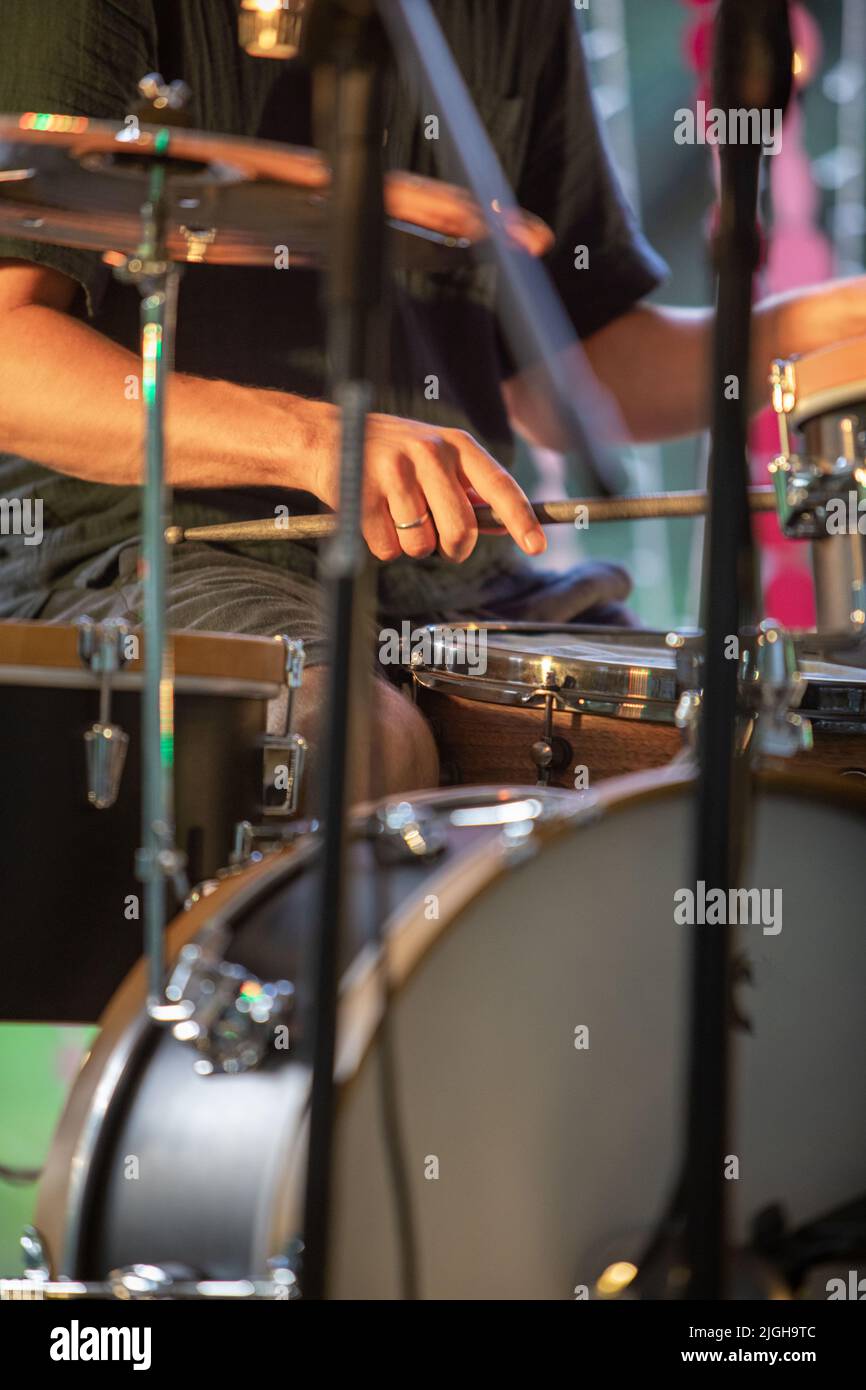 concert instruments drums guitar microphone scene close up Stock Photo ...