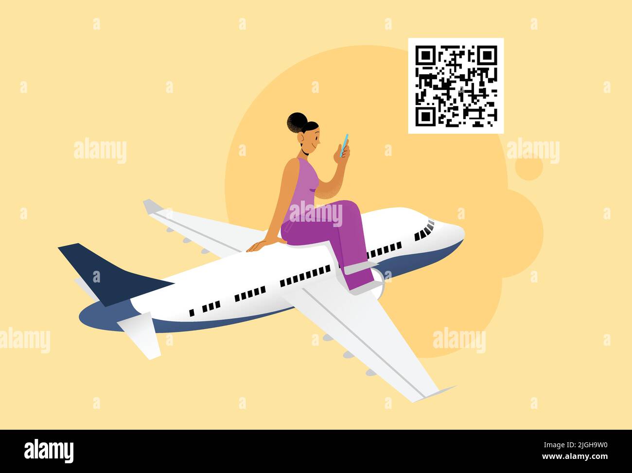 Young woman traveller taking airplane holding smartphone in hand and ...