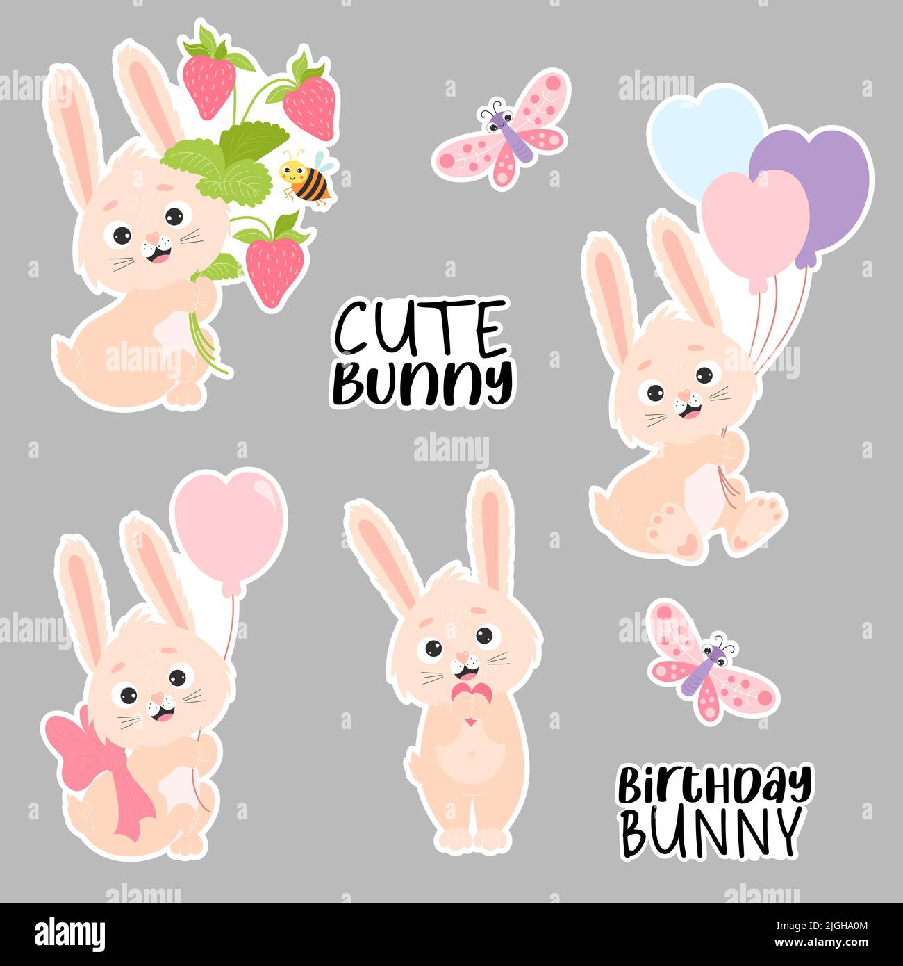 Digital birthday stickers Bunnies. Cute rabbit with strawberries and ...