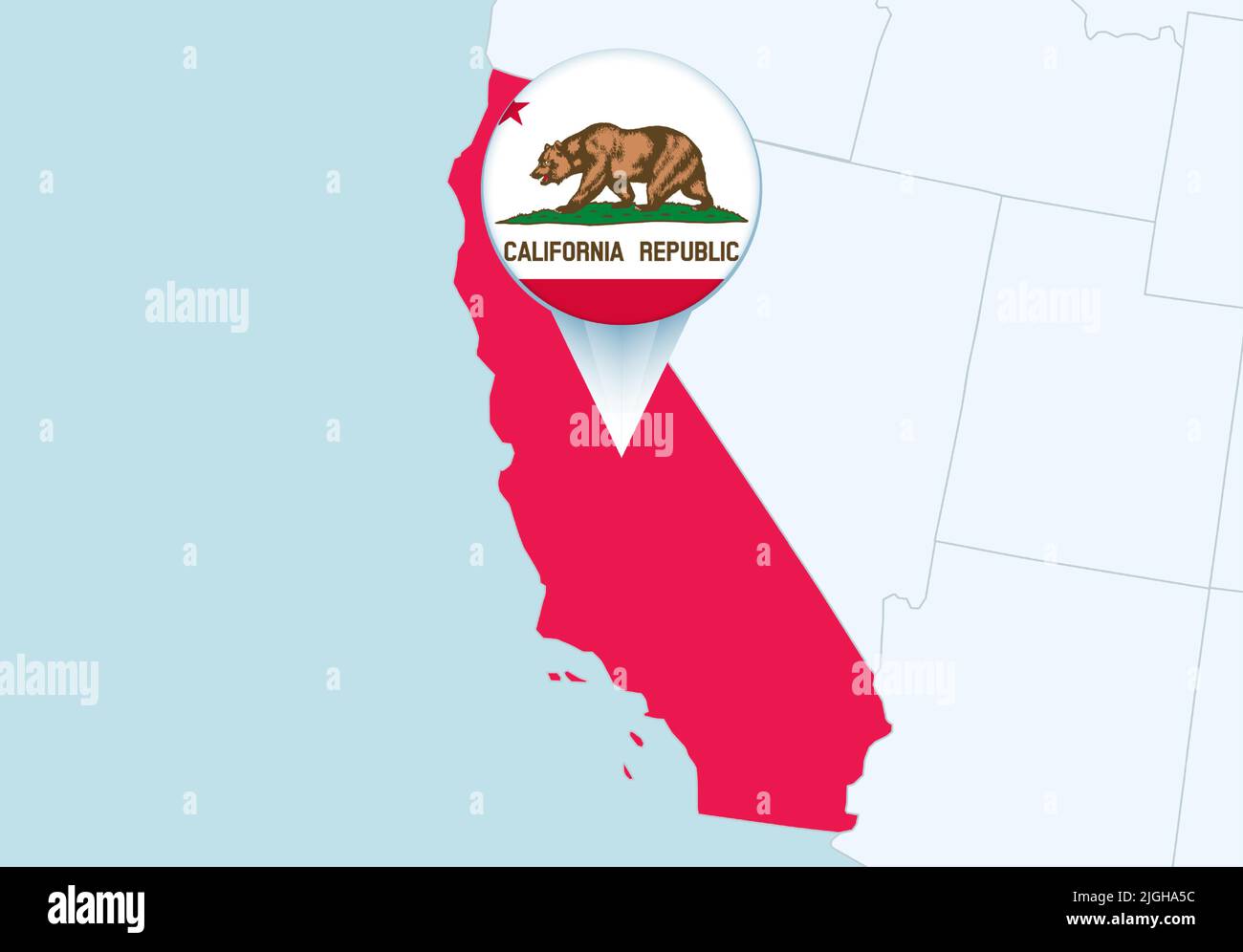 United States with selected California map and California flag icon ...