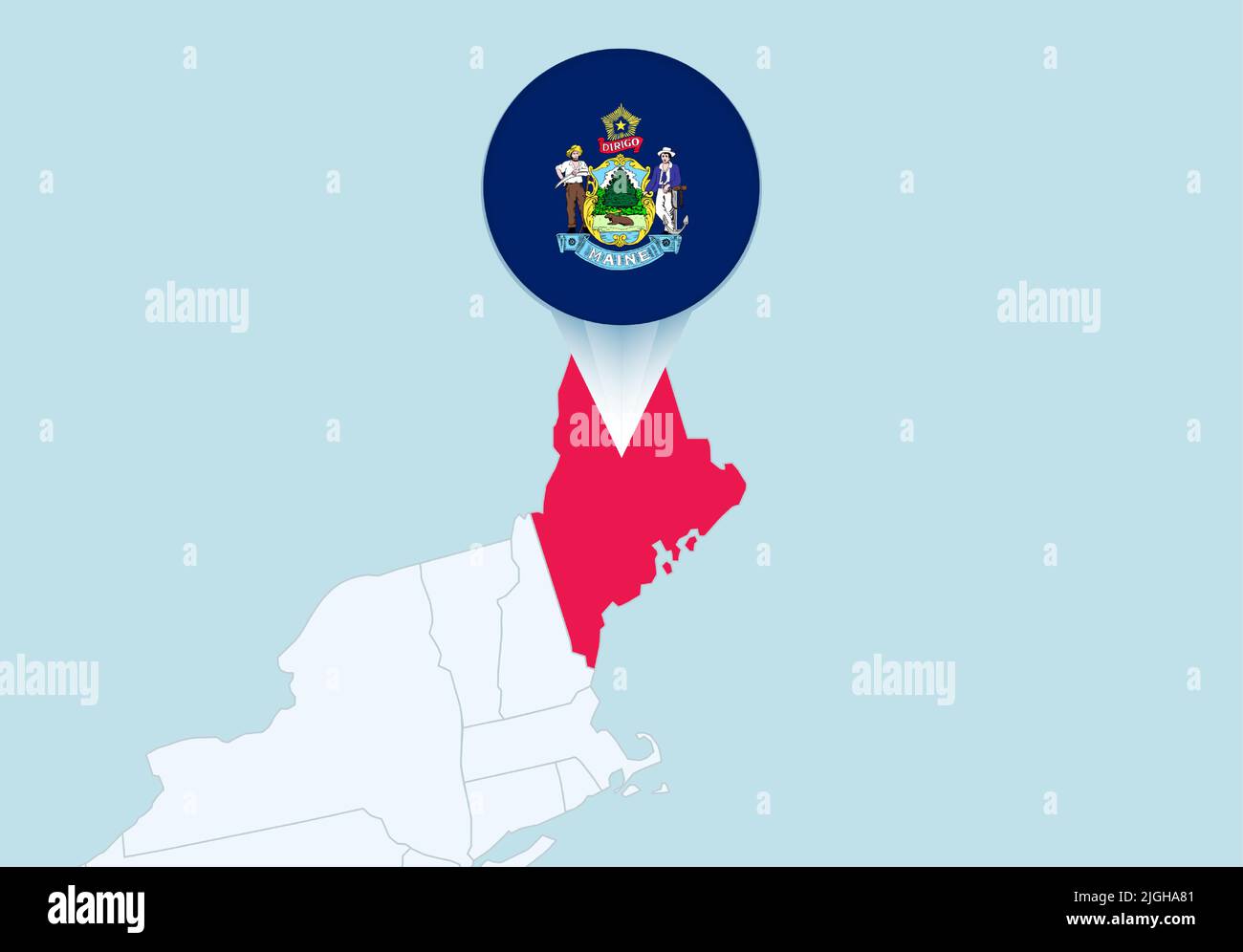 United States with selected Maine map and Maine flag icon. Vector map ...