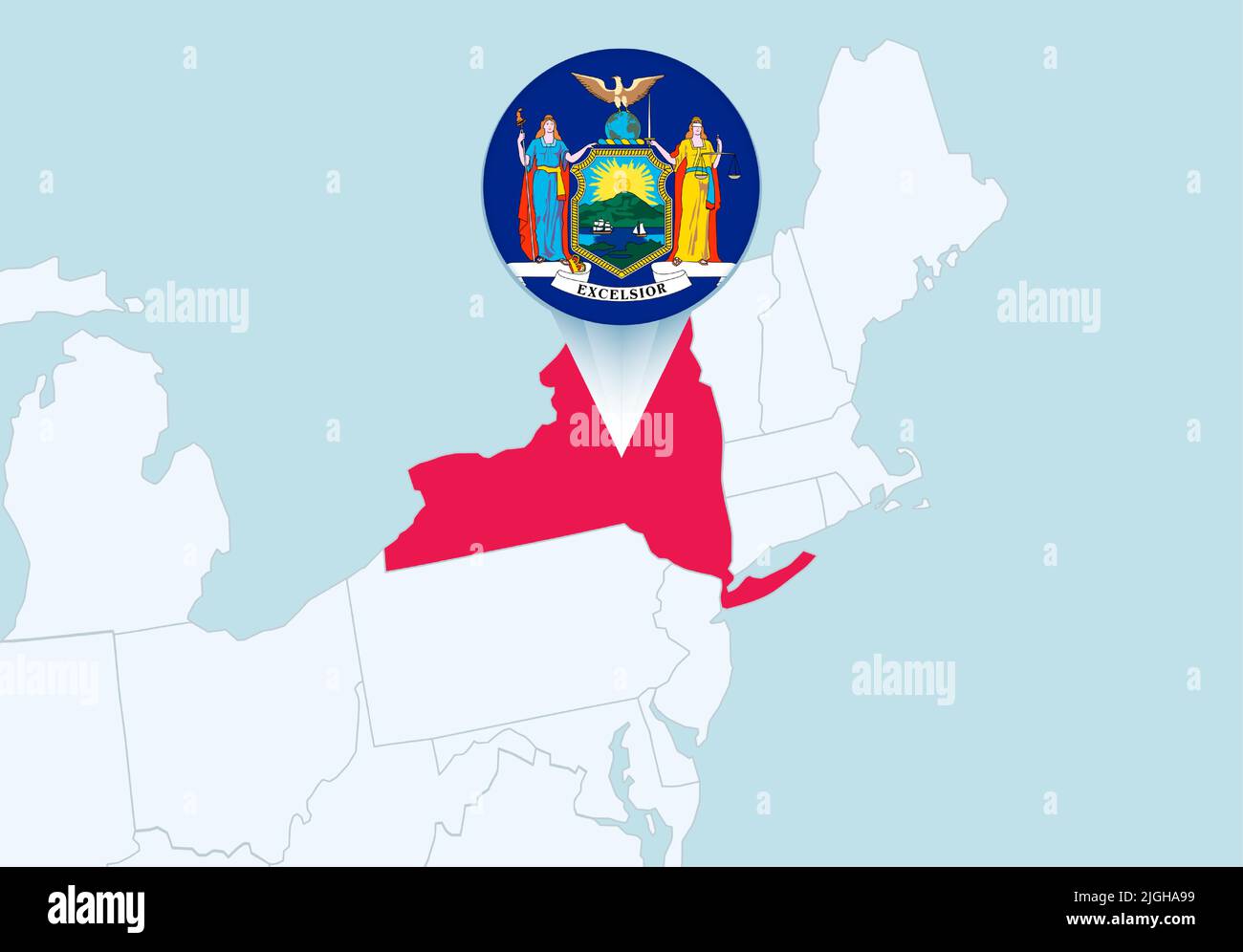 United States with selected New York map and New York flag icon. Vector ...