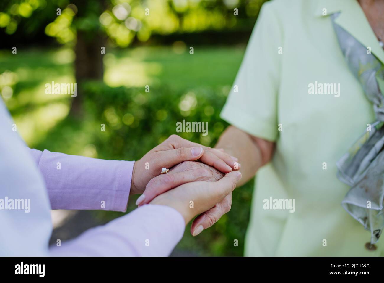 Close-up of caregiver consoling senior woman and touching her hand in park in summer Stock Photo ...