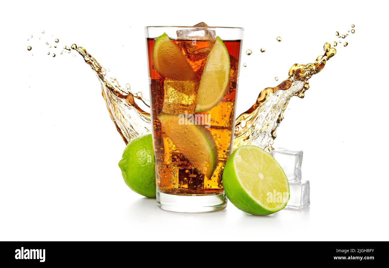 cuba libre with flowing wave, lime fruit and ice cubes Stock Photo - Alamy