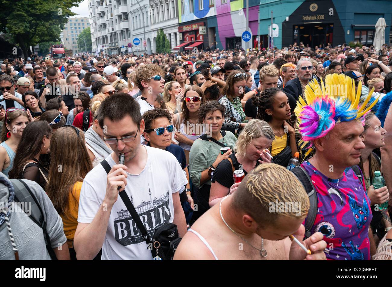 09.07.2022, Berlin, Germany, Europe - Techno music fans and revellers ...