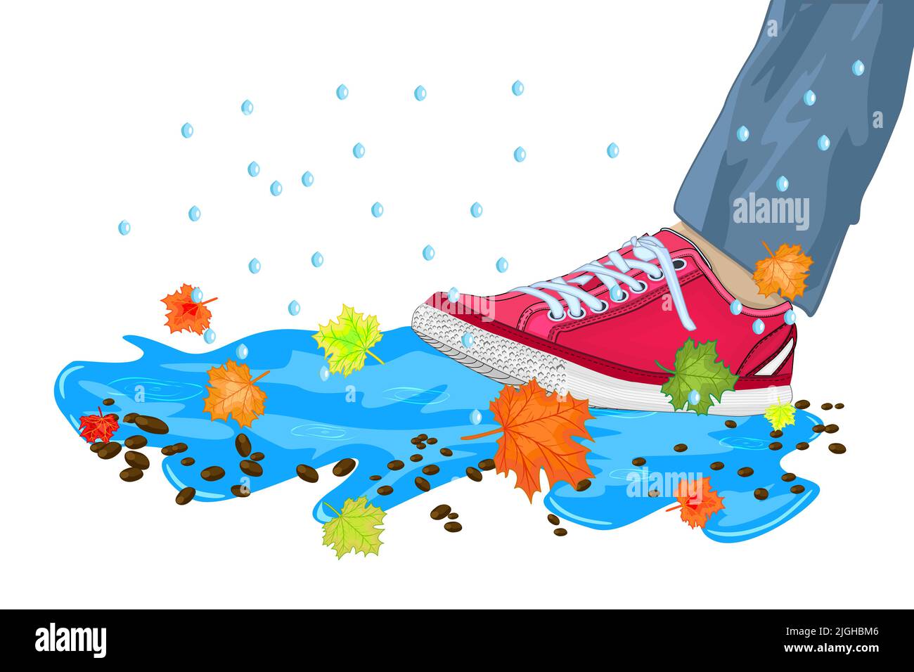 Leg with shoe, puddle, maple leaves and rain drops isolated on white ...