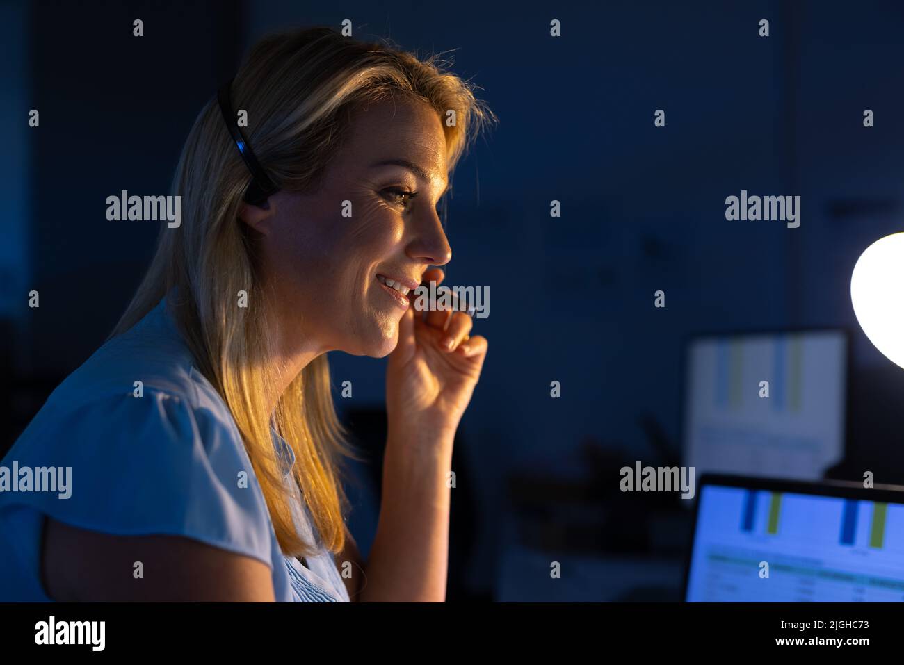 Smiling caucasian female customer service representative communicating ...