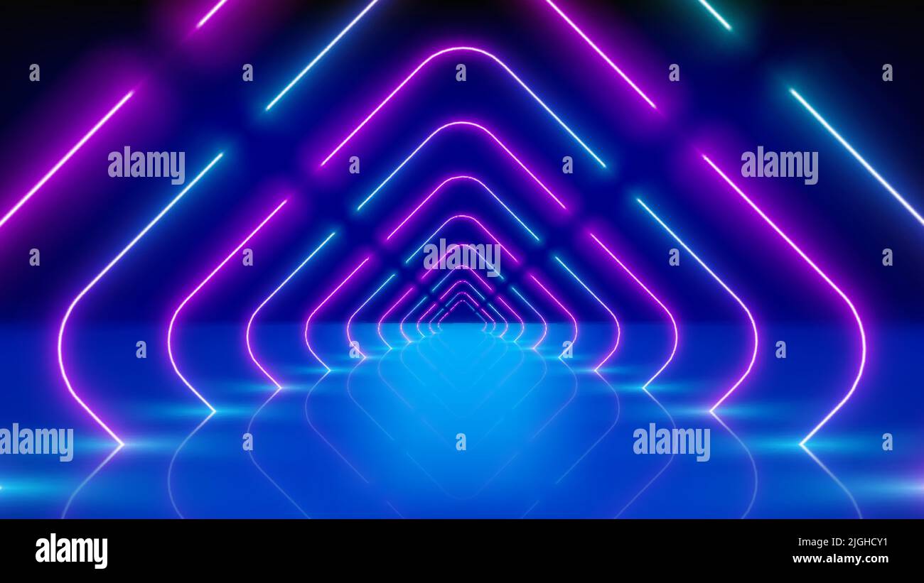 Glowing neon lines, tunnel, led arcade, stage. Abstract technology ...
