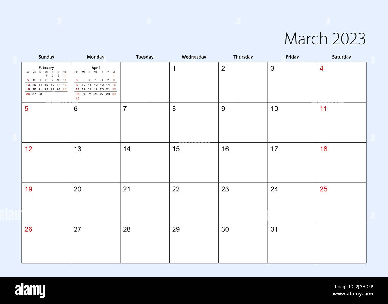 Wall calendar planner for March 2023. English language, week starts ...