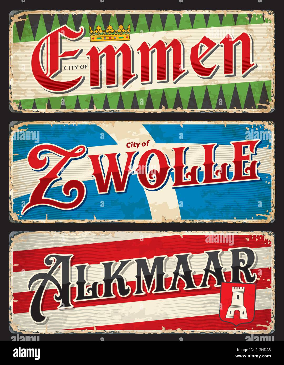 Emmen, Zwolle, Alkmaar, Dutch city travel stickers and plates, of ...