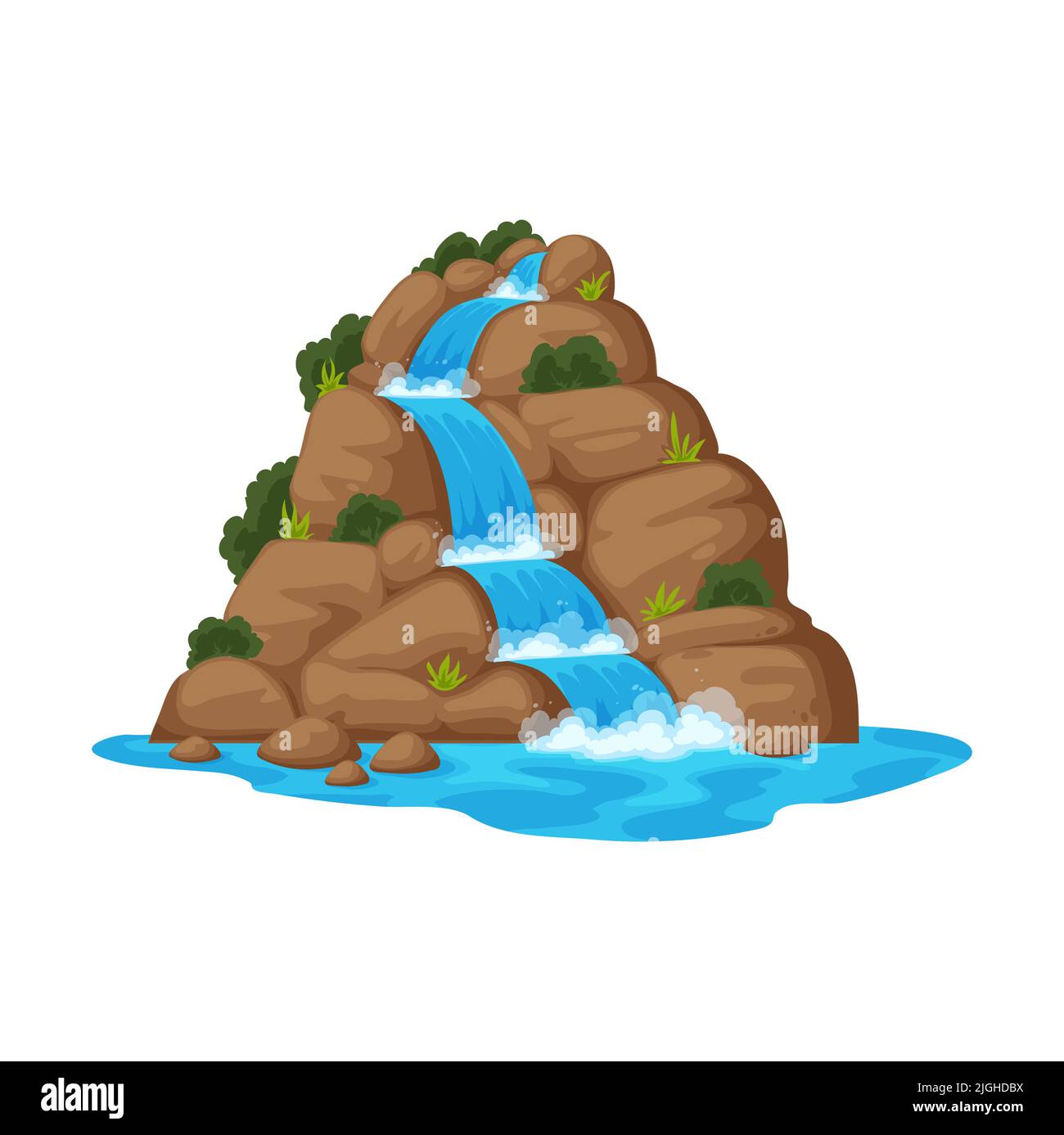 Cartoon cliff with water cascade flow, mountain and forest scenery ...
