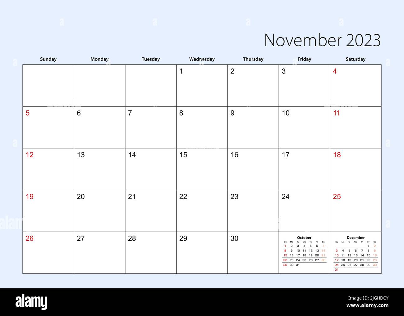 Wall calendar planner for November 2023. English language, week starts ...
