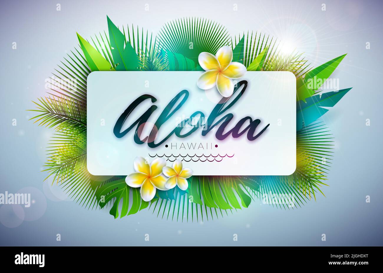Tropical Summer Design with Aloha Hawaii Lettering and Flower on Exotic ...