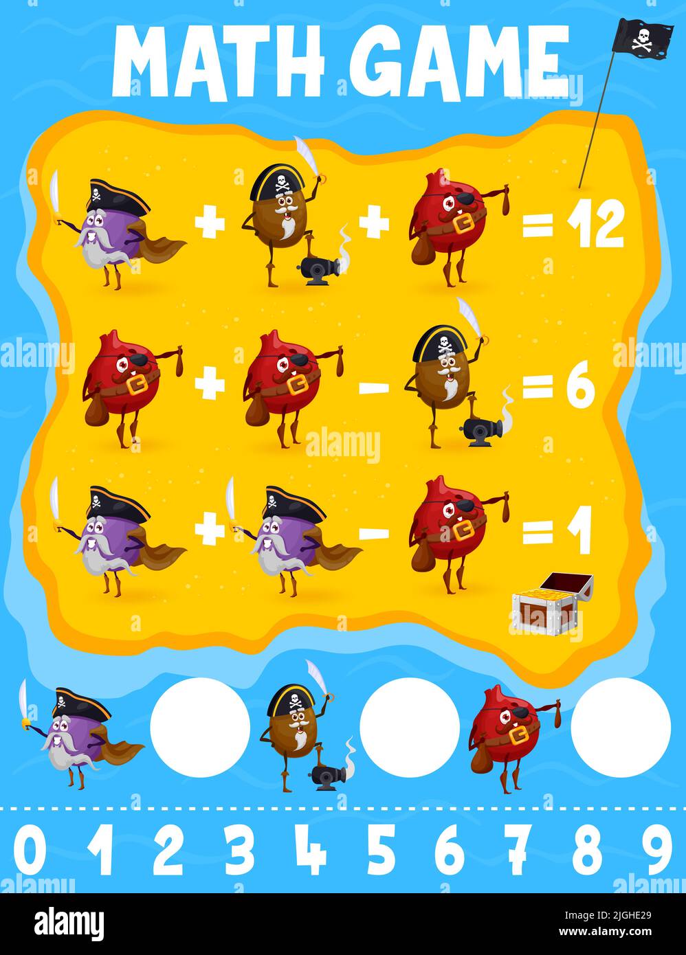 Cartoon fruit pirate and corsair characters, math game worksheet ...