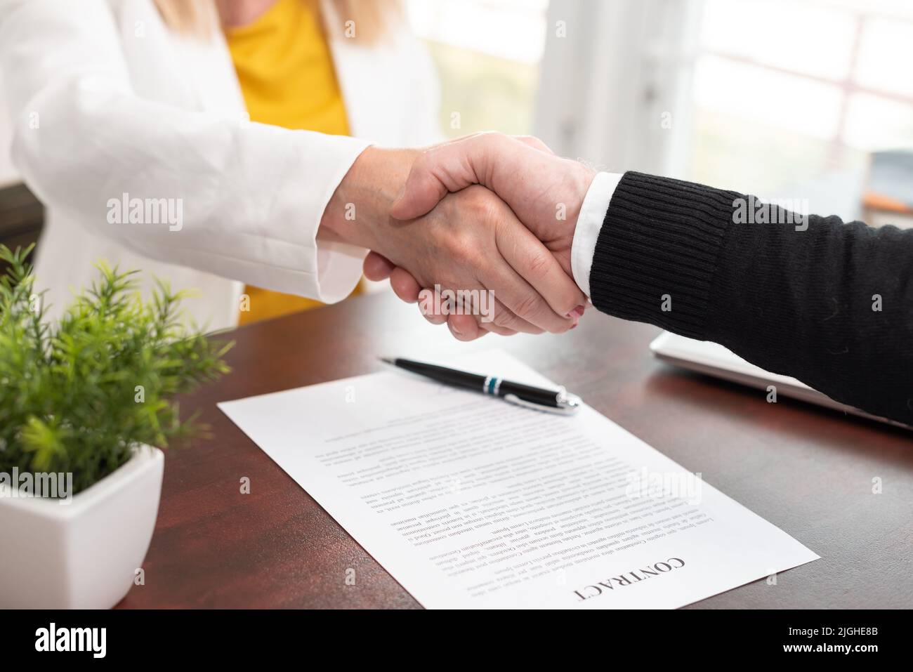 Businesswoman and businessman shaking hands (Lorem ipsum text used ...